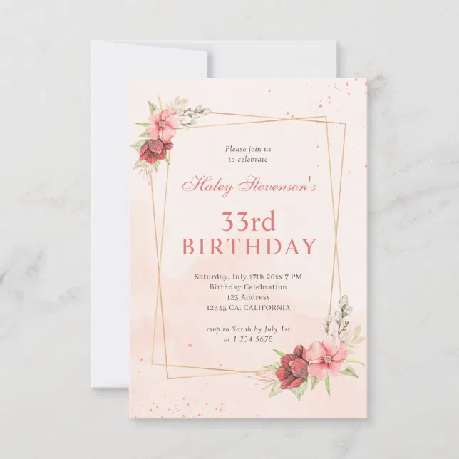 Boho Blush Pink Terracotta Floral 33rd Birthday Invitation | Zazzle