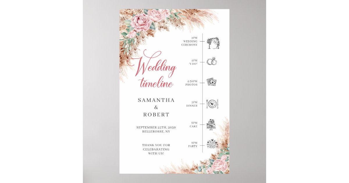 Boho blush Roses and pampas grass wedding Timeline Poster | Zazzle
