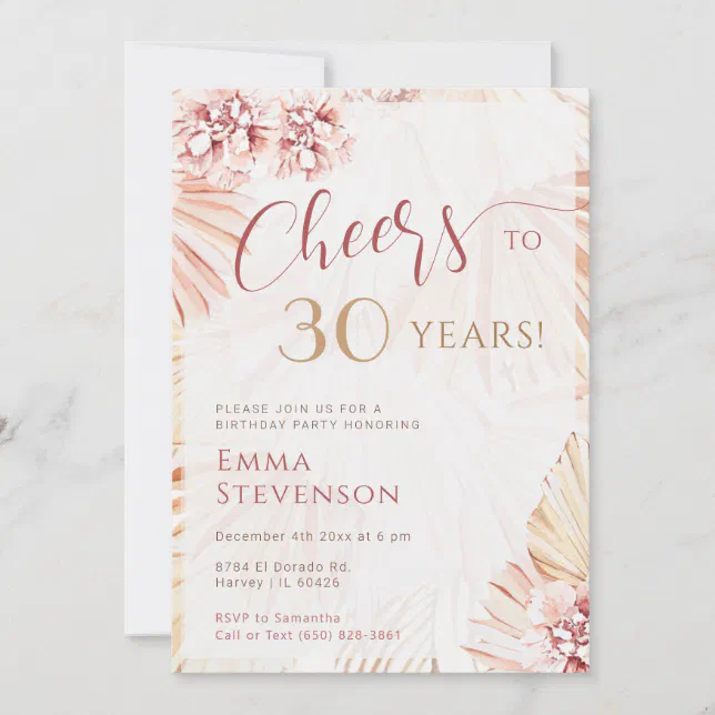 Boho Bohemian Cheers 30 Years Ladies 30th Birthday Invitation | Zazzle