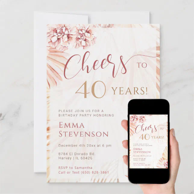 Boho Bohemian Cheers 40 Years Ladies 40th Birthday Invitation | Zazzle