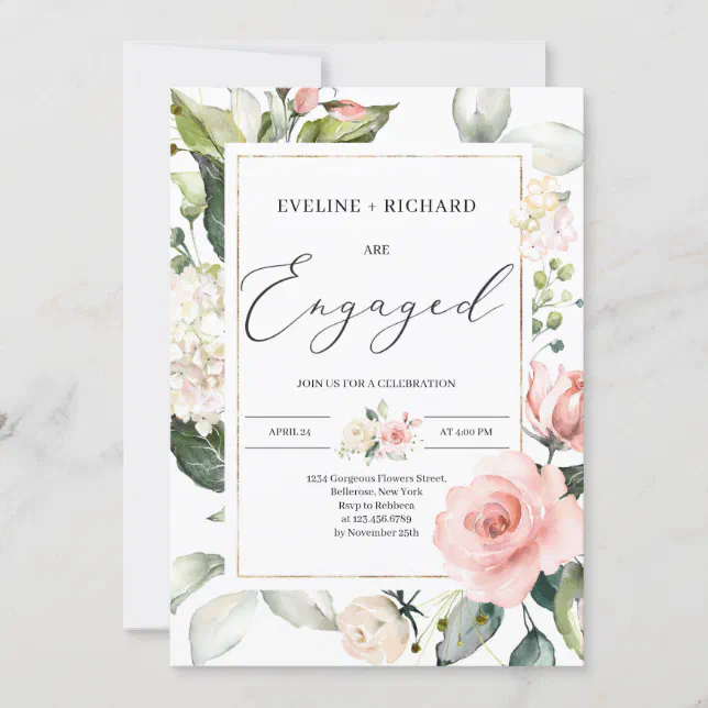 Boho bohemian floral frame gold engagement invitation | Zazzle