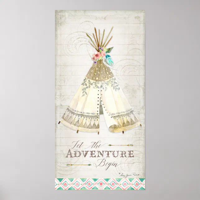 Boho Bohemian Let the Adventure Begin Teepee Wood Poster | Zazzle