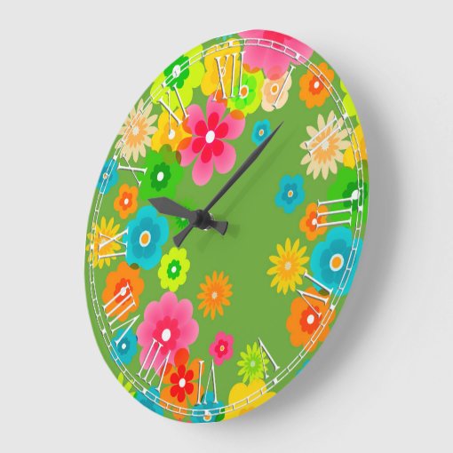 Boho Bohemian Retro Colorful Floral Flowers Large Clock | Zazzle