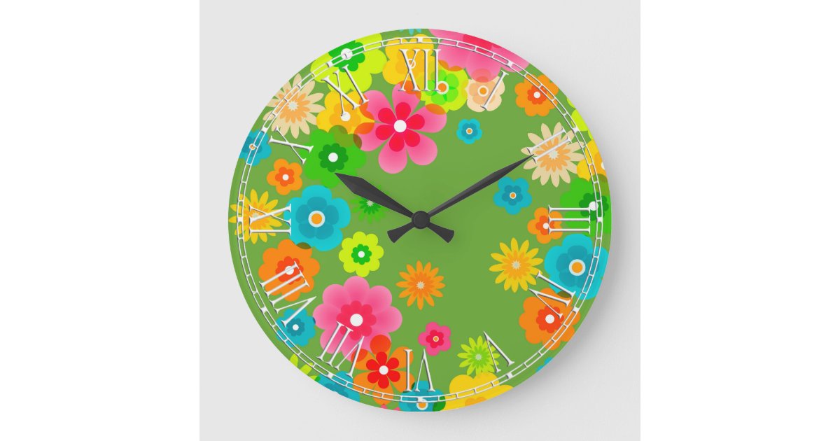 Boho Bohemian Retro Colorful Floral Flowers Large Clock | Zazzle