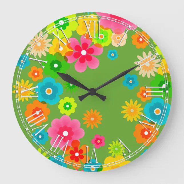 Boho Bohemian Retro Colorful Floral Flowers Large Clock | Zazzle