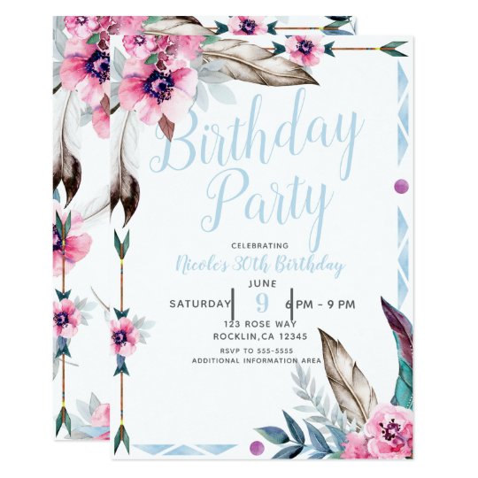 Boho Bohemian Tribal Floral Watercolor Birthday Invitation | Zazzle.com