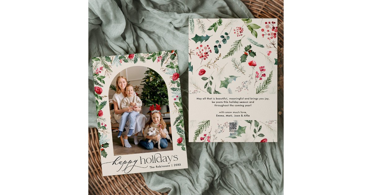 Boho Botanical Arch Happy Holidays 1 Photo Holiday Card | Zazzle