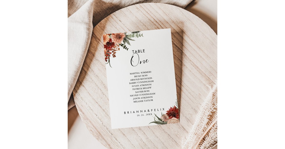 Boho Botanical Autumn Table Number 1 Seating Chart | Zazzle