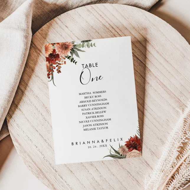 Boho Botanical Autumn Table Number 1 Seating Chart | Zazzle