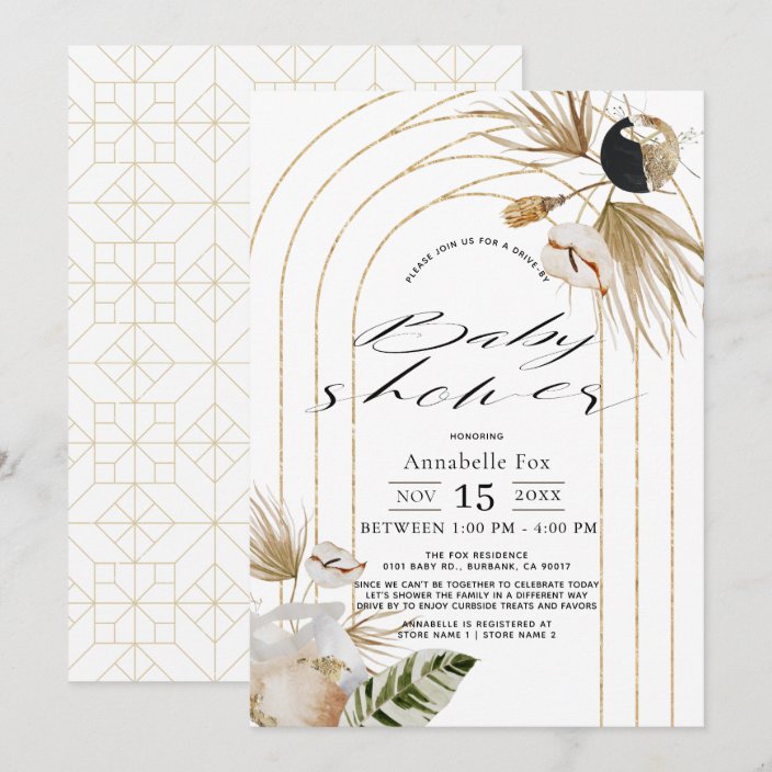 Boho Botanical Gold Arches Drive-by Baby Shower Invitation | Zazzle.com