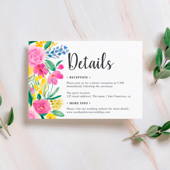 Boho bright flowers script details wedding invitation | Zazzle