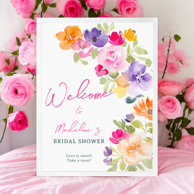 Boho bright pink floral bridal shower welcome poster | Zazzle