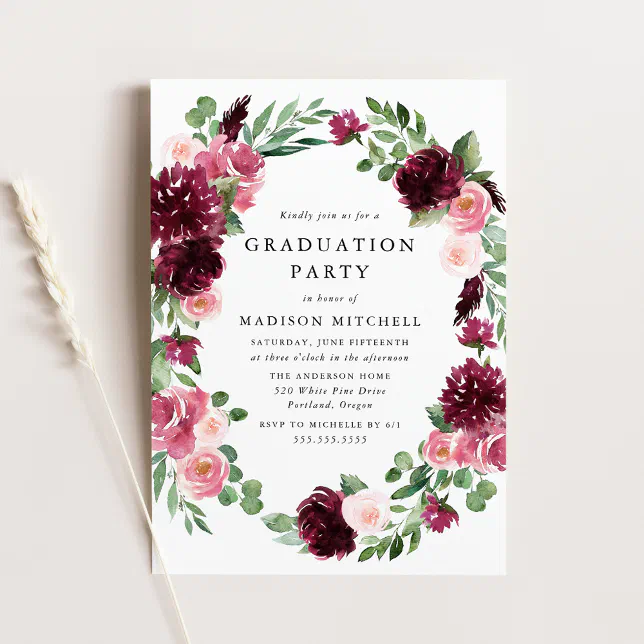 Boho Burgundy & Blush Floral Graduation Party Invitation | Zazzle