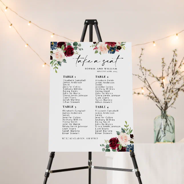 Boho Burgundy Blush Seating Chart Foam Board | Zazzle