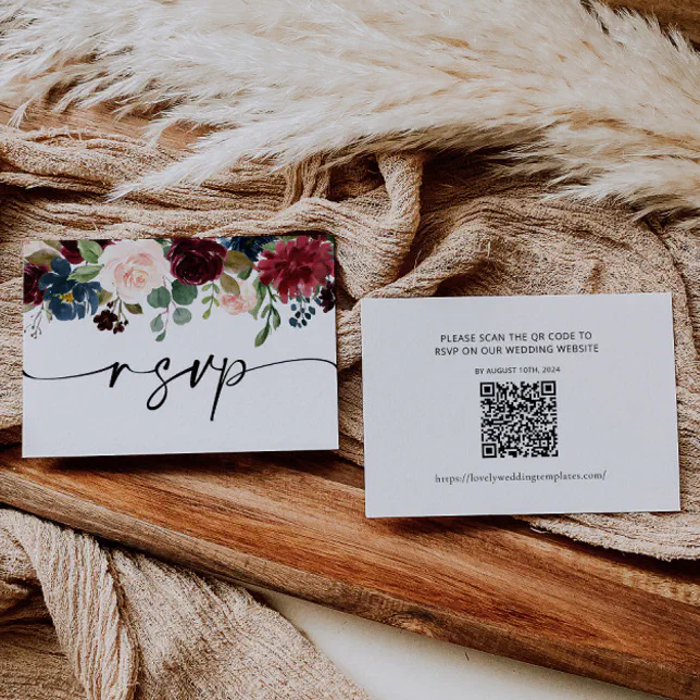 Boho Burgundy Blush Wedding RSVP QR Code Card | Zazzle