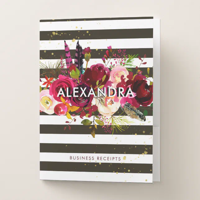 Boho Burgundy Floral | Black and White Stripes Pocket Folder | Zazzle