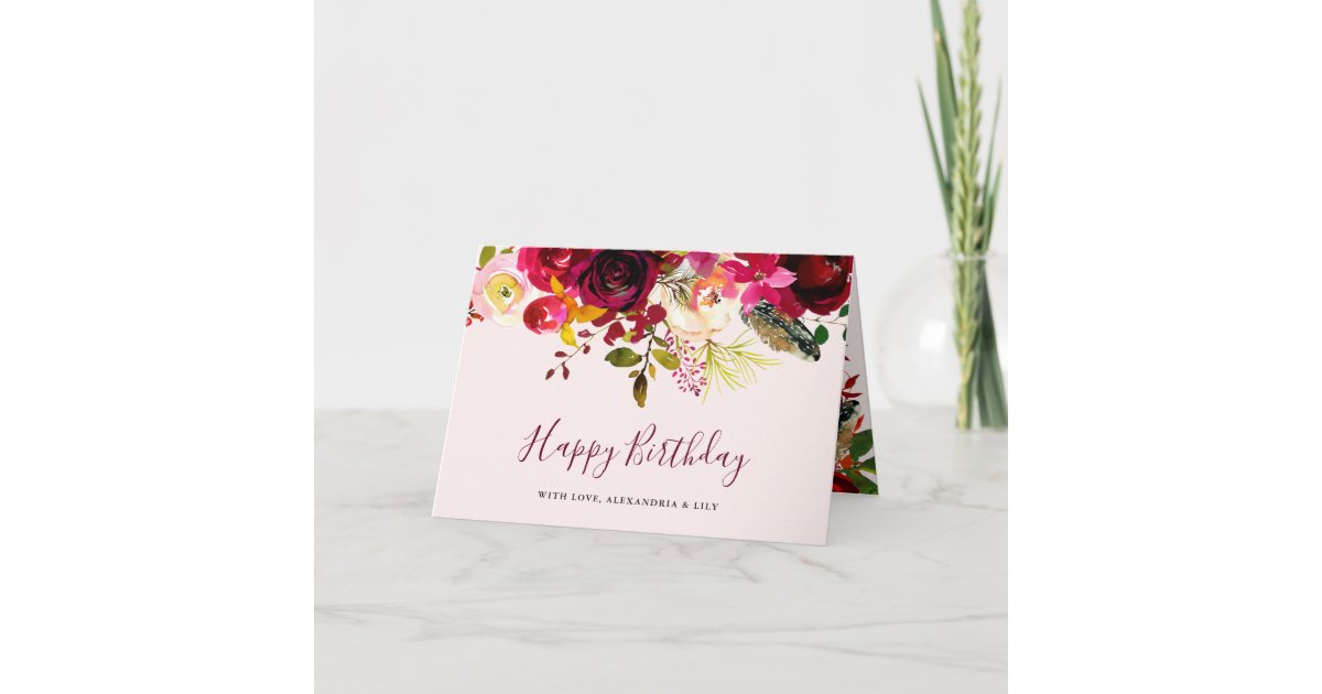 Boho Burgundy Floral | Happy Birthday Card | Zazzle