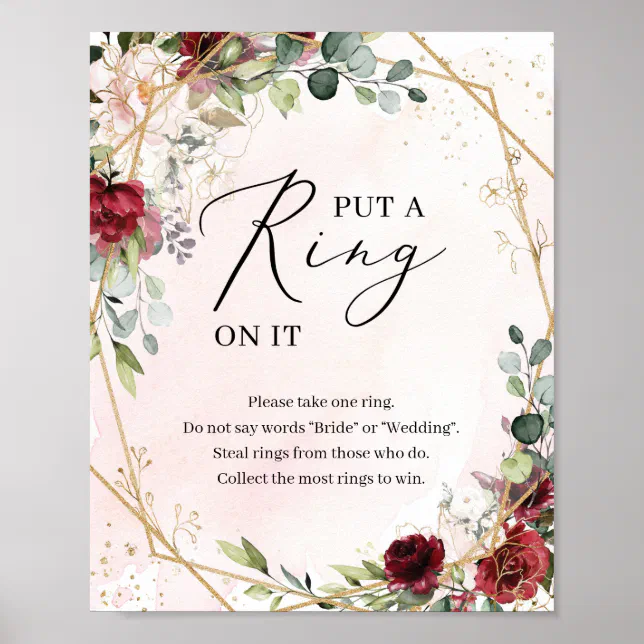 Boho burgundy floral put a ring on it game sign | Zazzle