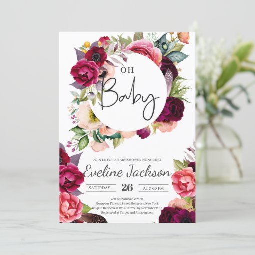 Boho Burgundy Maroon Florals Baby Shower Invite | Zazzle
