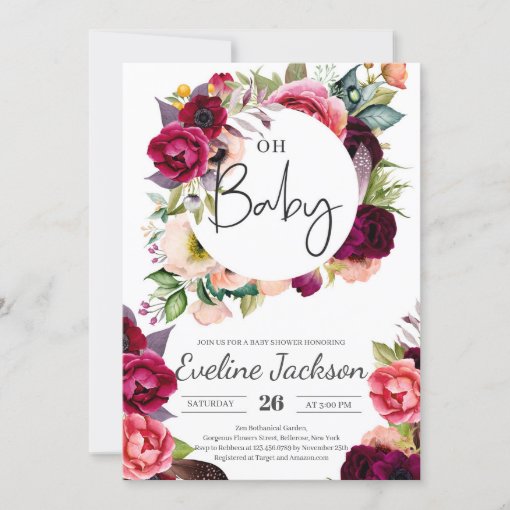Boho Burgundy Maroon Florals Baby Shower Invite | Zazzle