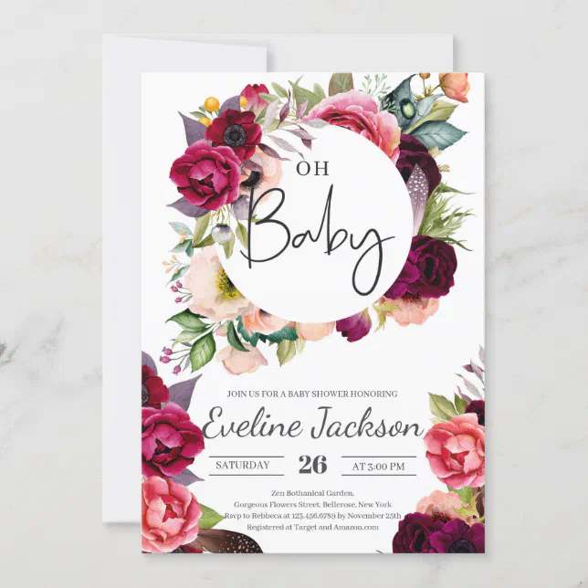 Boho Burgundy Maroon Florals Baby Shower Invite | Zazzle