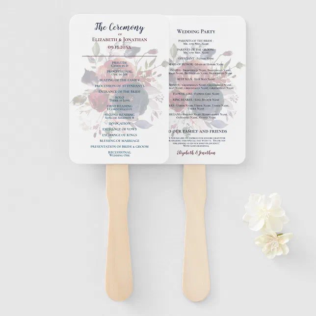 Boho Burgundy Navy Mauve Floral Wedding Hand Fan | Zazzle