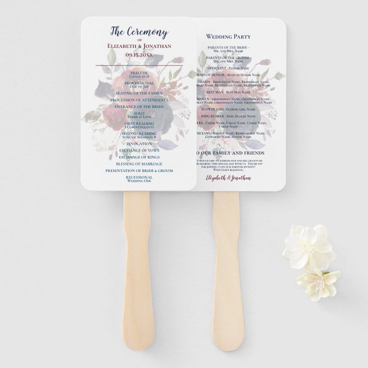 Boho Burgundy Navy Mauve Floral Wedding Hand Fan | Zazzle