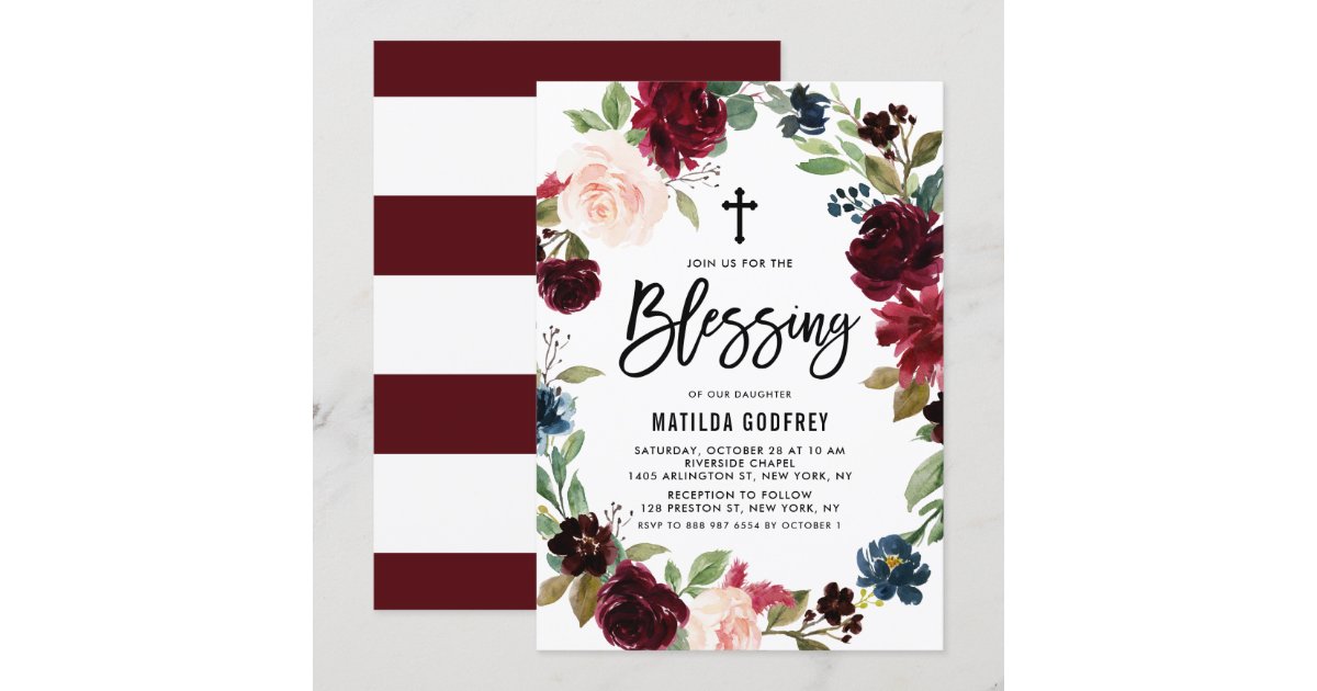Boho Burgundy Watercolor Floral Wreath Blessing Invitation | Zazzle