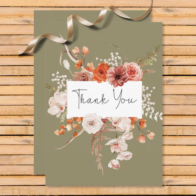 Boho Burnt Orange Floral Arch Monogram Sage Thank You Card | Zazzle
