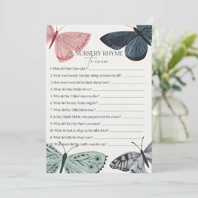 Boho Butterfly Baby Shower Nursery Rhyme Trivia Invitation | Zazzle