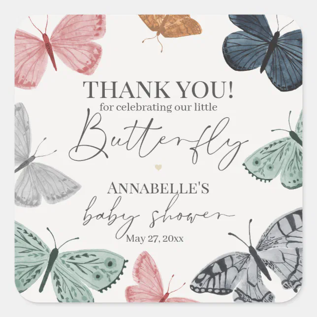 Boho Butterfly Baby Shower Party Dessert Favor Square Sticker | Zazzle