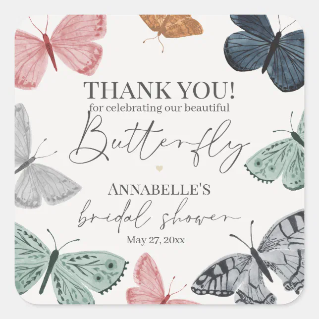 Boho Butterfly Bridal Shower Party Dessert Favor Square Sticker | Zazzle