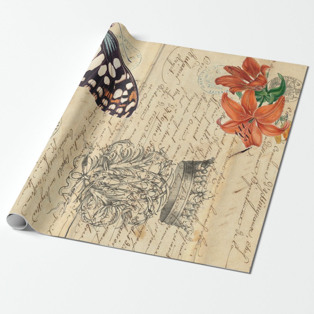 Boho Butterfly Decoupage Poster Wrapping Paper | Zazzle