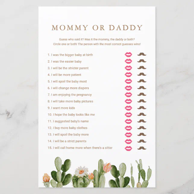 Boho Cactus Baby Shower Mommy or Daddy Game | Zazzle