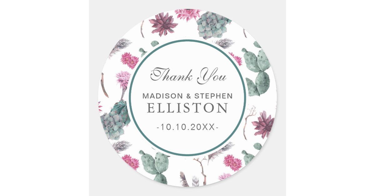 Boho Cactus, Succulent & Floral | Thank You Classic Round Sticker | Zazzle
