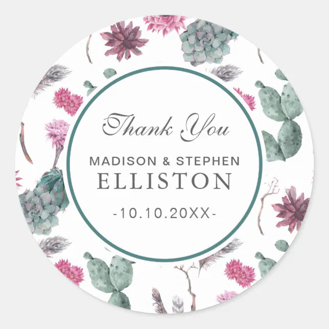 Boho Cactus, Succulent & Floral | Thank You Classic Round Sticker | Zazzle