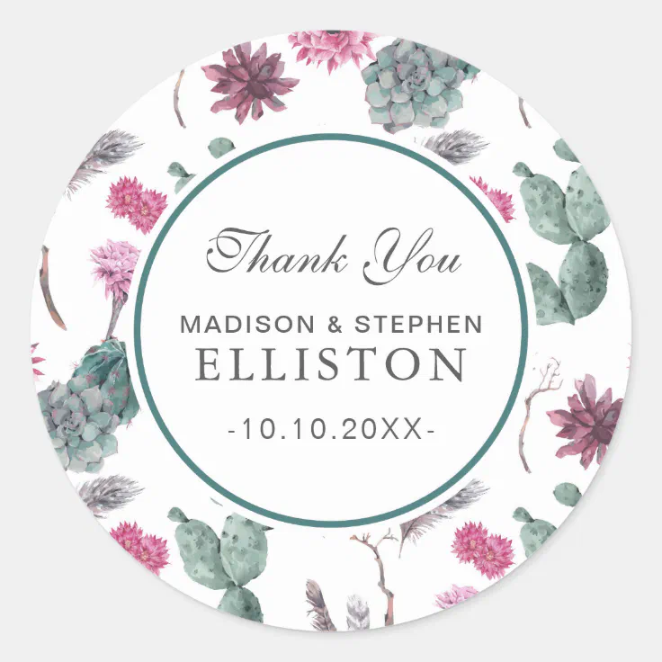 Boho Cactus, Succulent & Floral | Thank You Classic Round Sticker | Zazzle