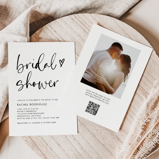 Boho Calligraphy Black QR Code Bridal Shower Invitation | Zazzle