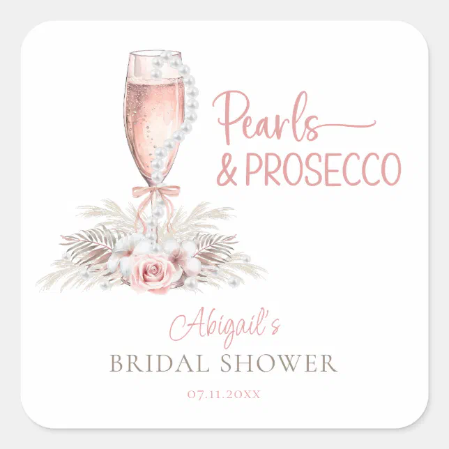 Boho Champagne Glass Pearls&Prosecco Bridal Shower Square Sticker | Zazzle