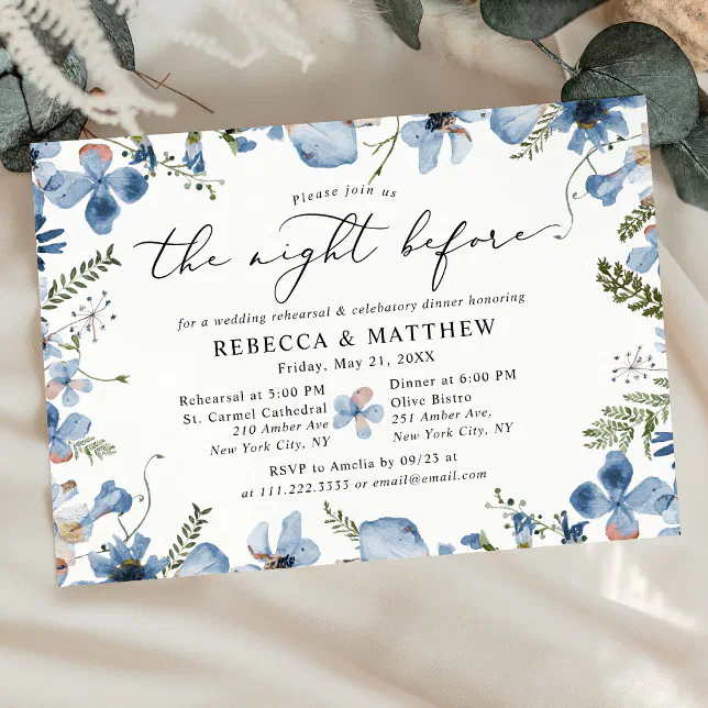 Boho Chic Blue Botanical The Night Before Wedding Invitation | Zazzle
