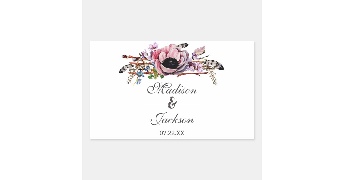 Boho Chic Blush Pink Floral Wedding Monogram Rectangular Sticker | Zazzle