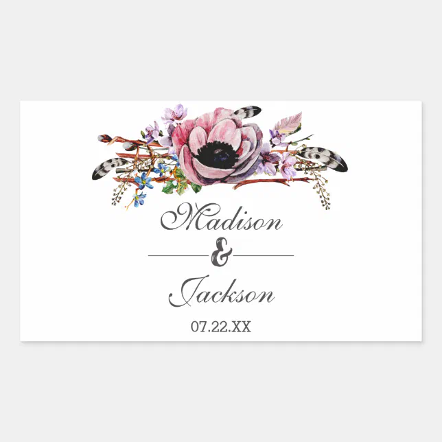 Boho Chic Blush Pink Floral Wedding Monogram Rectangular Sticker | Zazzle