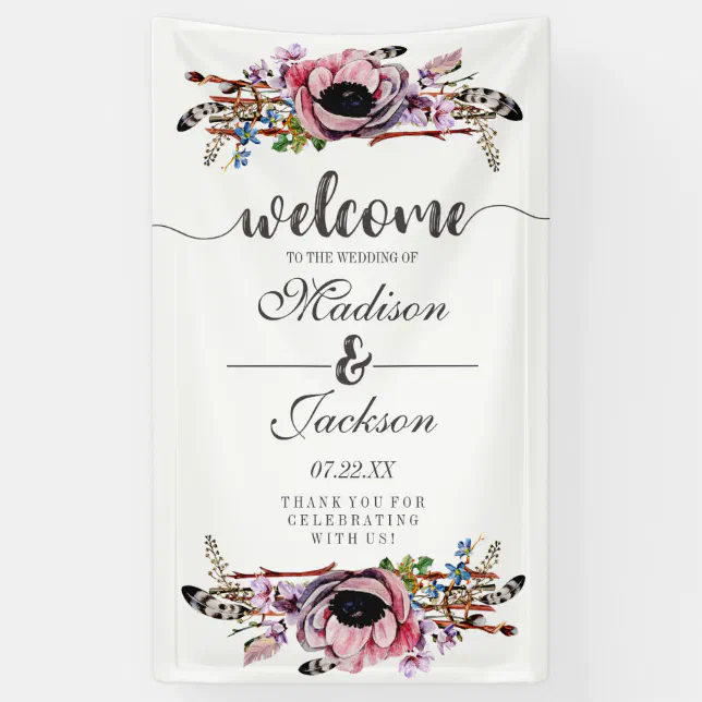 Boho Chic Blush Pink Floral Wedding Welcome Banner | Zazzle
