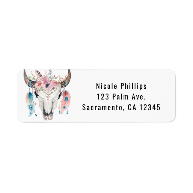 Boho Chic Bohemian Feathers & Cow Skull Invitation Label | Zazzle