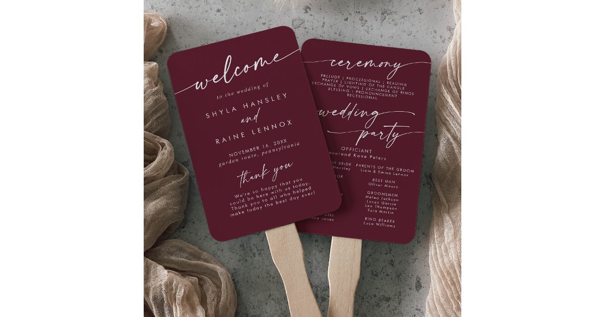 Boho Chic Burgundy Red Wedding Program Hand Fan | Zazzle