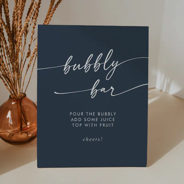 Boho Chic Dark Navy Blue Bubbly Bar Wedding Pedestal Sign | Zazzle