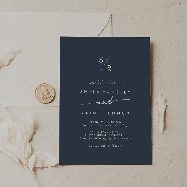 Boho Chic Dark Navy Blue Monogram Wedding Invitation | Zazzle