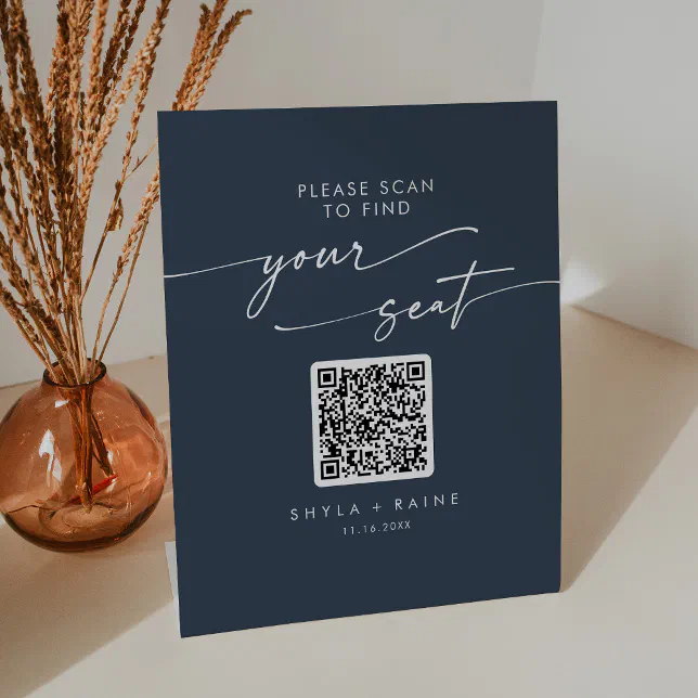Boho Chic Dark Navy Blue Seating Chart QR Code Pedestal Sign | Zazzle