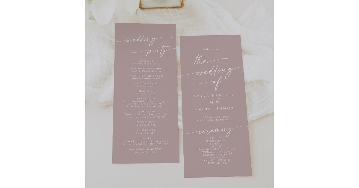 Boho Chic Dusty Rose Pink Tea Length Wedding Program | Zazzle
