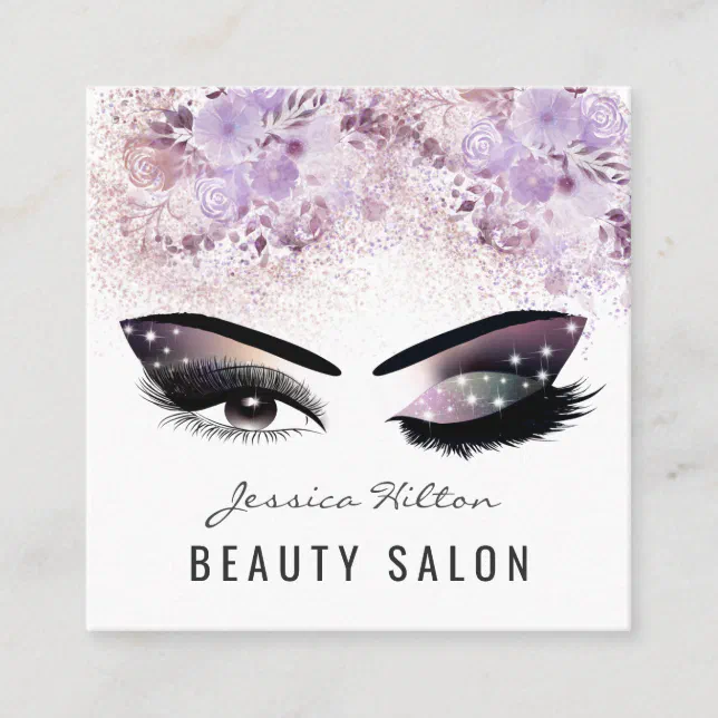 Boho chic elegant watercolor floral makeup eye square business card ...